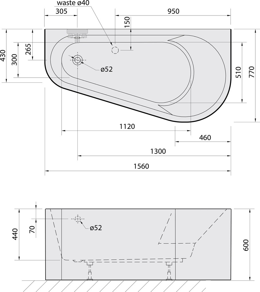 Polysan PROJEKTA DR MONOLITH nástěnná stojící vana 156 x 77 x 60 cm bílá/černá 21111MDRB