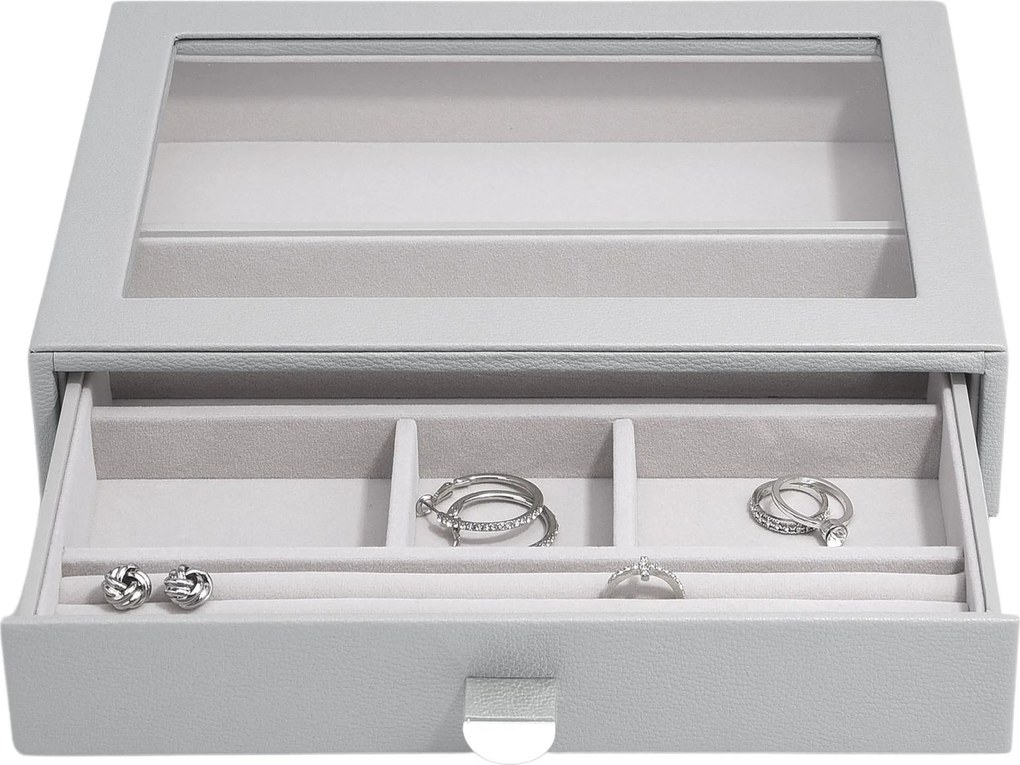 Krabička na šperky Stackers Pebble s 6 přihrádkami se zásuvkou a skleněným víkem classic kamenná šeď