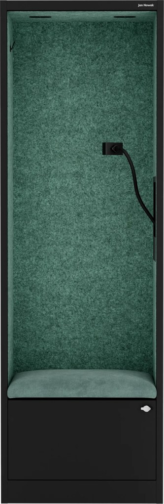 Kancelářská akustická kabina se sedátkem a USB-C portem, korpus černý / sedák zelený, 600 mm: SALLY MentalBox