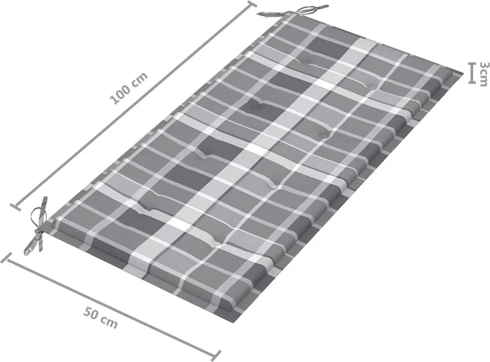 vidaXL Marketos Zahradní lavice s šedou károvanou poduškou 112 cm masivní teak