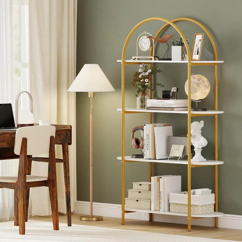 Costway 4 Řadová zakřivená knihovna s kovovým rámem a dřevěnou horní otevřenou