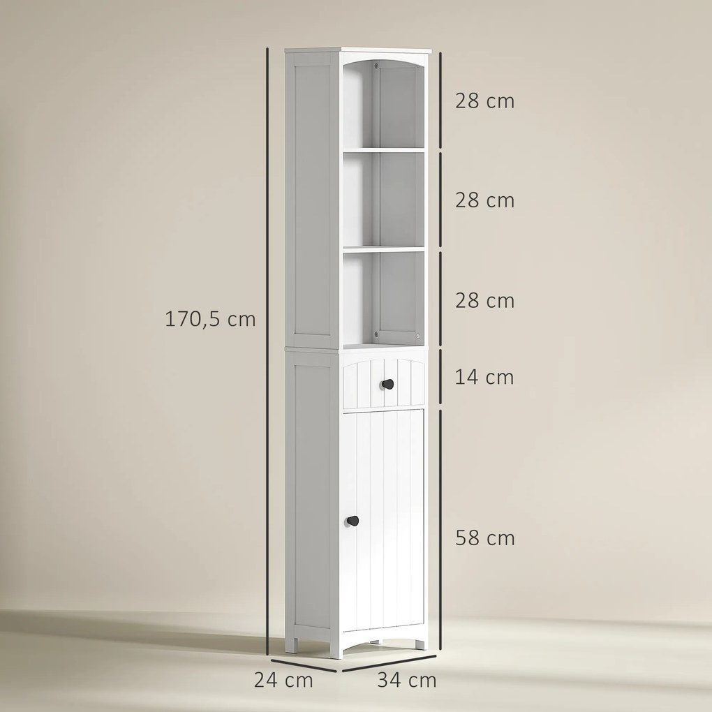 HOMCOM Koupelnová skříňka Vysoká skříňka se 3 policemi a 1 zásuvkou pro koupelnu a obývací pokoj, Bílá, 34x24x170,5cm