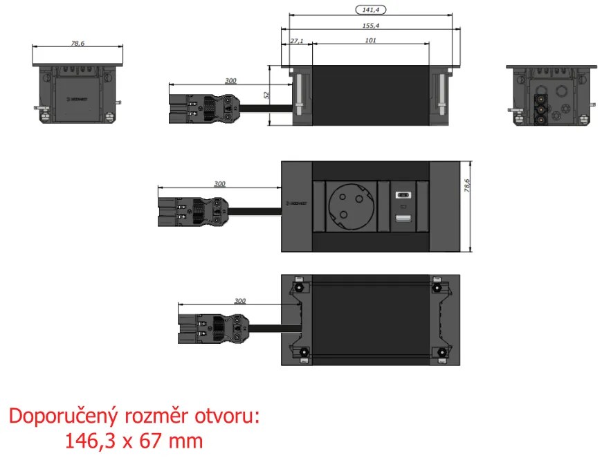 IBConnect Vestavná zásuvka INTRO černá - různé konfigurace Konfigurace elektrozásuvky: 2x230 + USB nab. C (60W) + USB nab. A+C