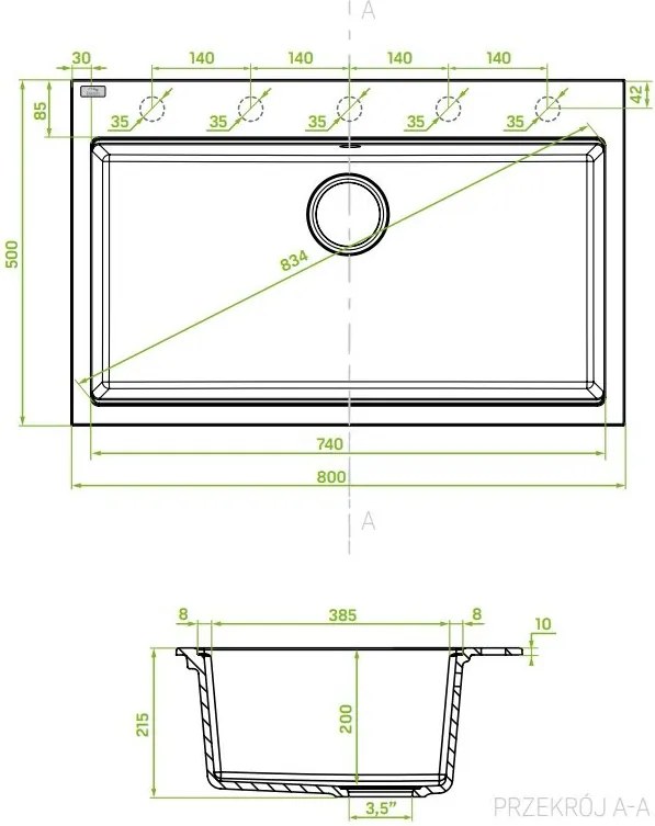 Laveo Tau, 1-komorový granitový dřez 800x500x215 mm, bílá, LAV-SBT_6108