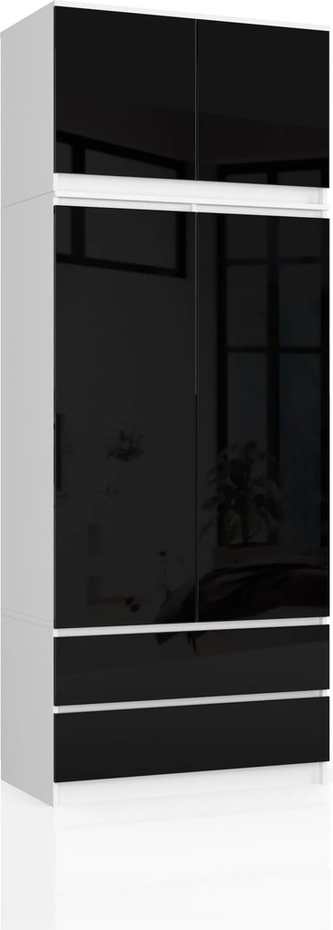 Šatní skříň s nástavbou S90 2D2SZ bílá/černý lesk