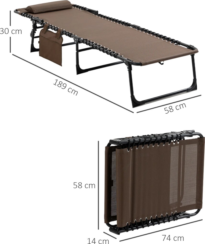 Polohovatelné křeslo, skládací lehátko s polštářkem pod krk, ocelový rám, potah ze síťoviny, nosnost 120 kg, hnědá barva