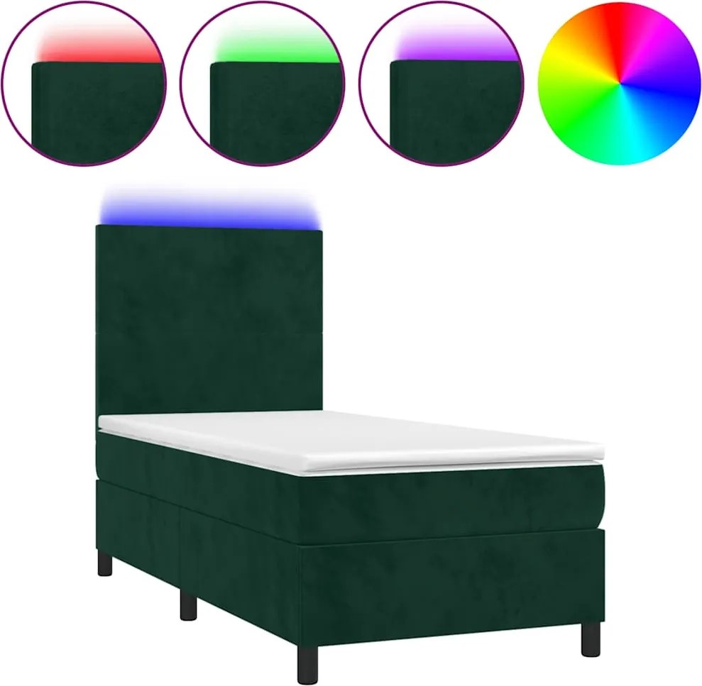 Box spring postel s matrací a LED tmavě zelená 90x190 cm samet 3135978