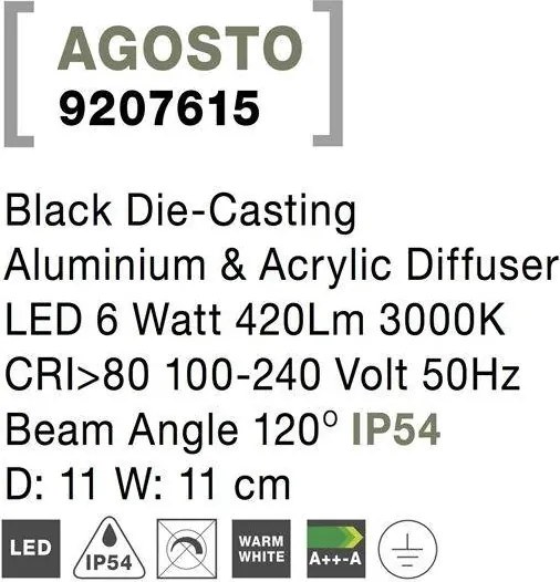 NV 9207615 Venkovní nástěnné svítidlo AGOSTO černý hliník a akrylový difuzor LED 6W 3000K 100-240V 120st. IP54 - NOVA LUCE
