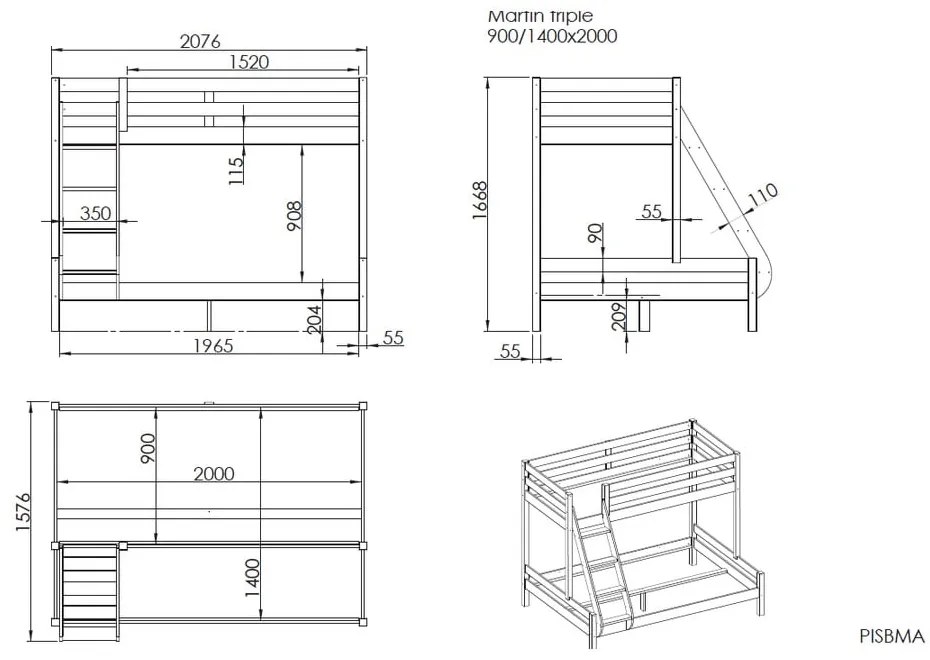 Patrová dětská postel z borovicového dřeva 140x200/90x200 cm v přírodní barvě Pino – Vipack