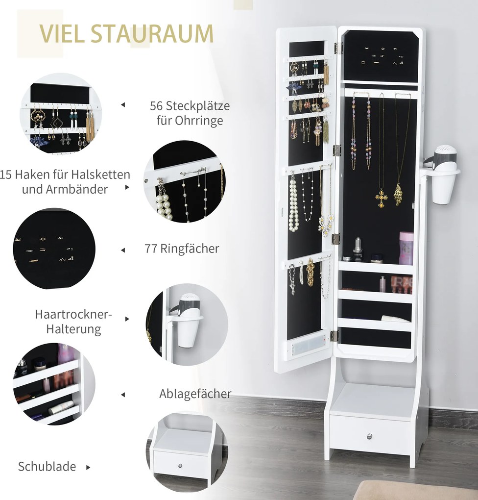 HOMCOM LED šperkovnice 2 v 1, šperkový regál se zrcadlovou skříňkou a zásuvkou, MDF, bílá, 37 x 30 x 158 cm