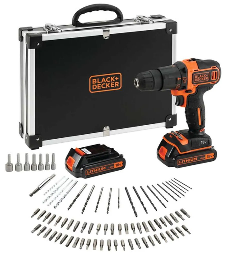 BLACK+DECKER Nářadí - 18V AKU vrtačka s příklepem a příslušenstvím, 2x aku 1,5 Ah Li-Ion, nabíječka BDCHD18BAFC-QW