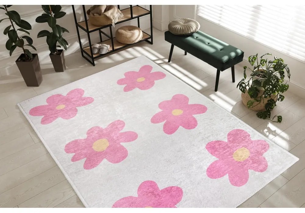 Růžový/slonovinový pratelný dětský koberec 80x150 cm Cute Flowers Pink – Vitaus