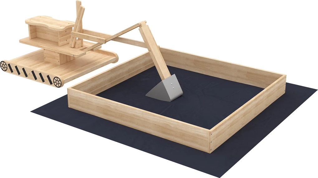 Pískoviště AIYAPLAY pro děti ze dřeva s bagrem, dětské pískoviště s 360° otočným sedadlem a výstelkou 184x90x56 cm přírodní