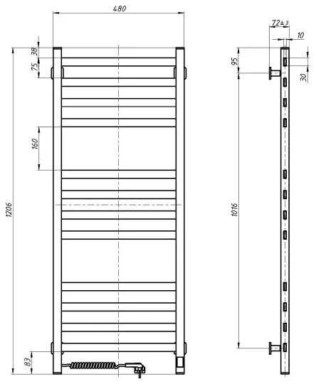 Koupelnový žebříkový radiátor s term. AVANGARD 459W/230V 120,6cm IP44 černá levá