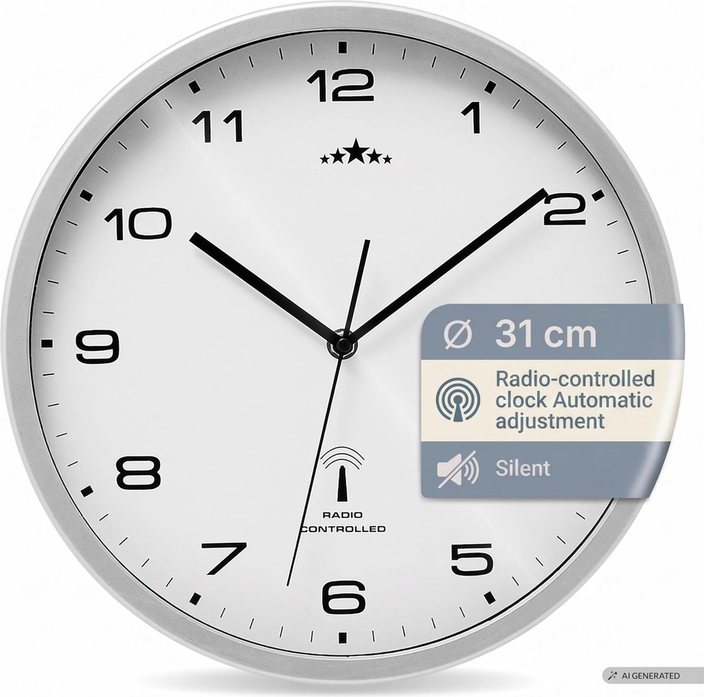 Nástěnné hodiny řízené rádiem bílá/stříbrná Ø31cm
