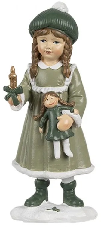 Dekorativní figurka holčička v zeleném kabátku s panenkou a svíčkou – 11 cm