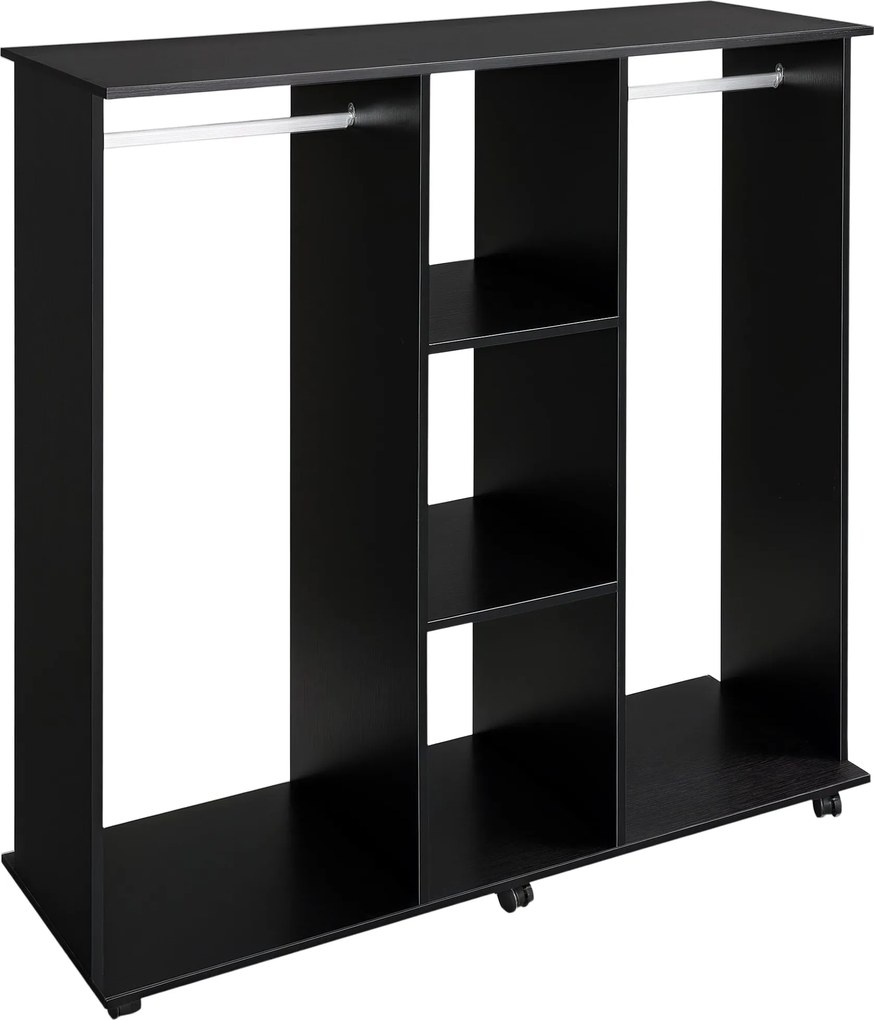 HOMCOM Skříň s kolečky - Oblečení, Skříň s závěsnou tyčí, Otevřené police, Organizér do ložnice 120x40x128cm Černá | Aosom