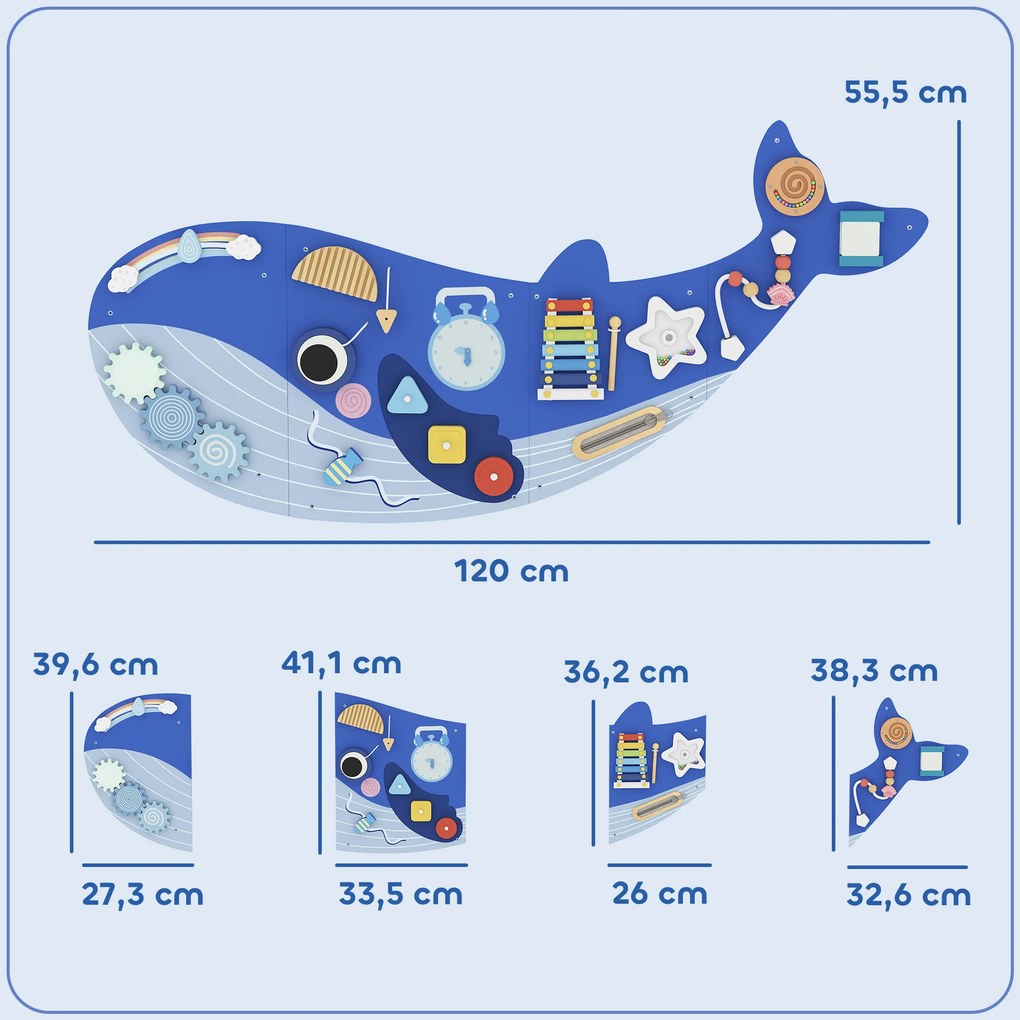 AIYAPLAY Montessori motorická deska 13v1 dřevěné Busy Board ve tvaru velryby, nástěnně montovaná herní deska s xylofonem, hodinami a ozubenými koly