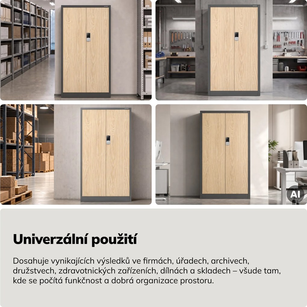 Kovová kancelářská skříň se zámkem na kód antracitová, dub sonoma, 900x1850x400 mm: DANIEL Eco Design