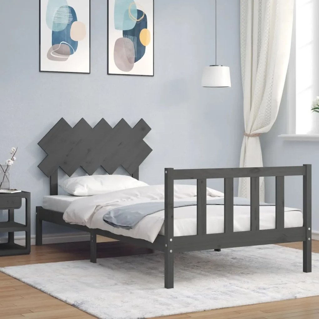 Rám postele s čelem šedý 100 x 200 cm masivní dřevo,  3193458
