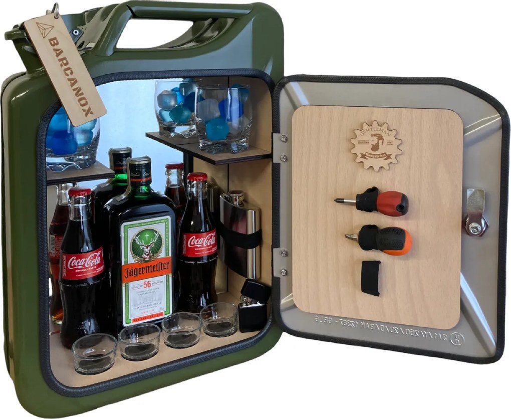 Kanystr bar KHAKI speciál se zrcadlem – barová skříňka a originální dárek pro muže