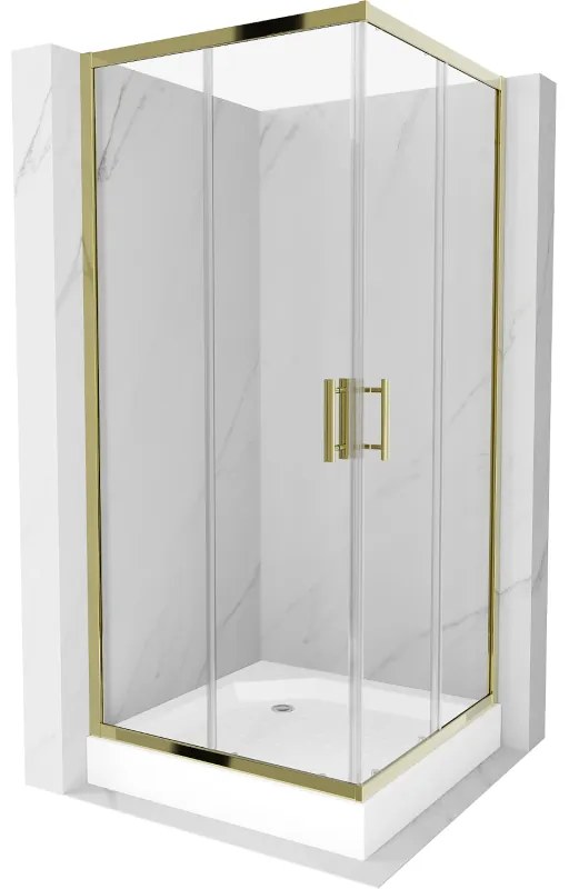 Mexen Rio, čtvercový sprchový kout s posuvnými dveřmi 90 (dveře) x 90 (dveře) x 190 cm, 5mm čiré sklo, zlatý profil + bílá sprchová vanička RIO, 860-090-090-50-00-4510