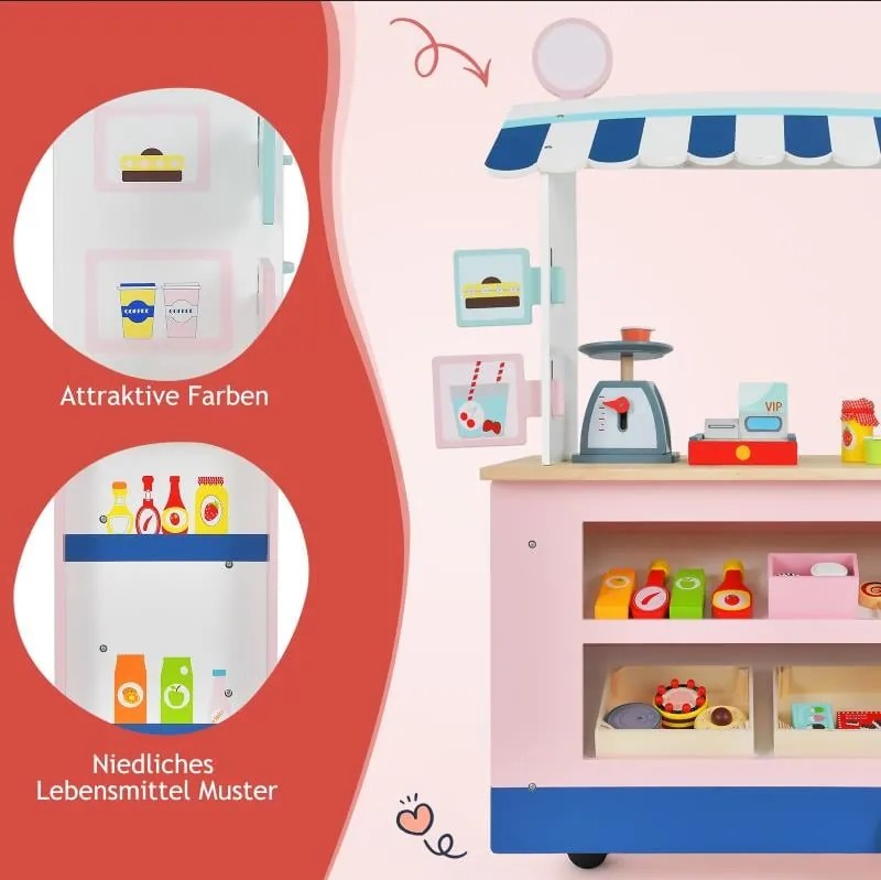 Costway Dětský dřevěný jídelní vozík na 3 kolečkách s pokladnou Food