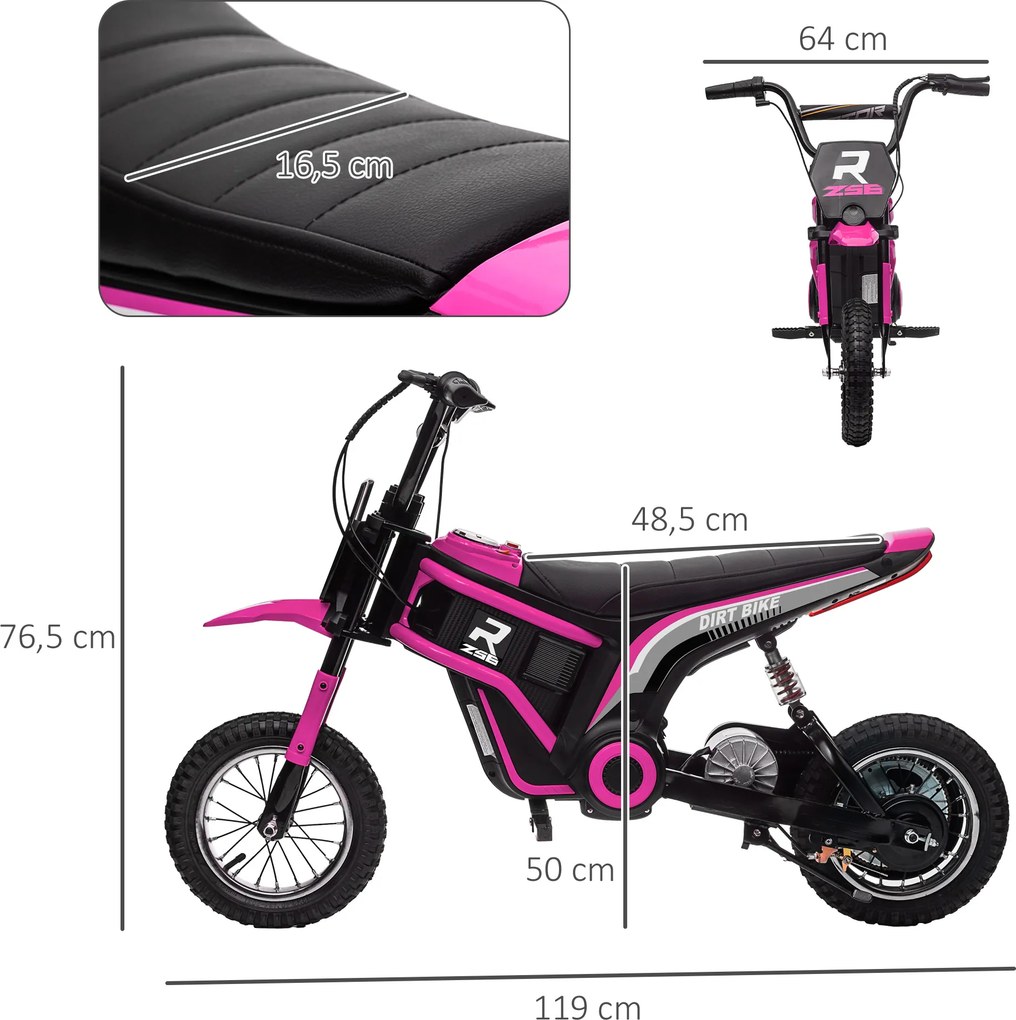 HOMCOM Elektrická motorka pro děti, 24V dětská motorka s klaksonem, světlem, s otočnou rukojetí plynu, 8-16 km/h, 8-12 let, růžová