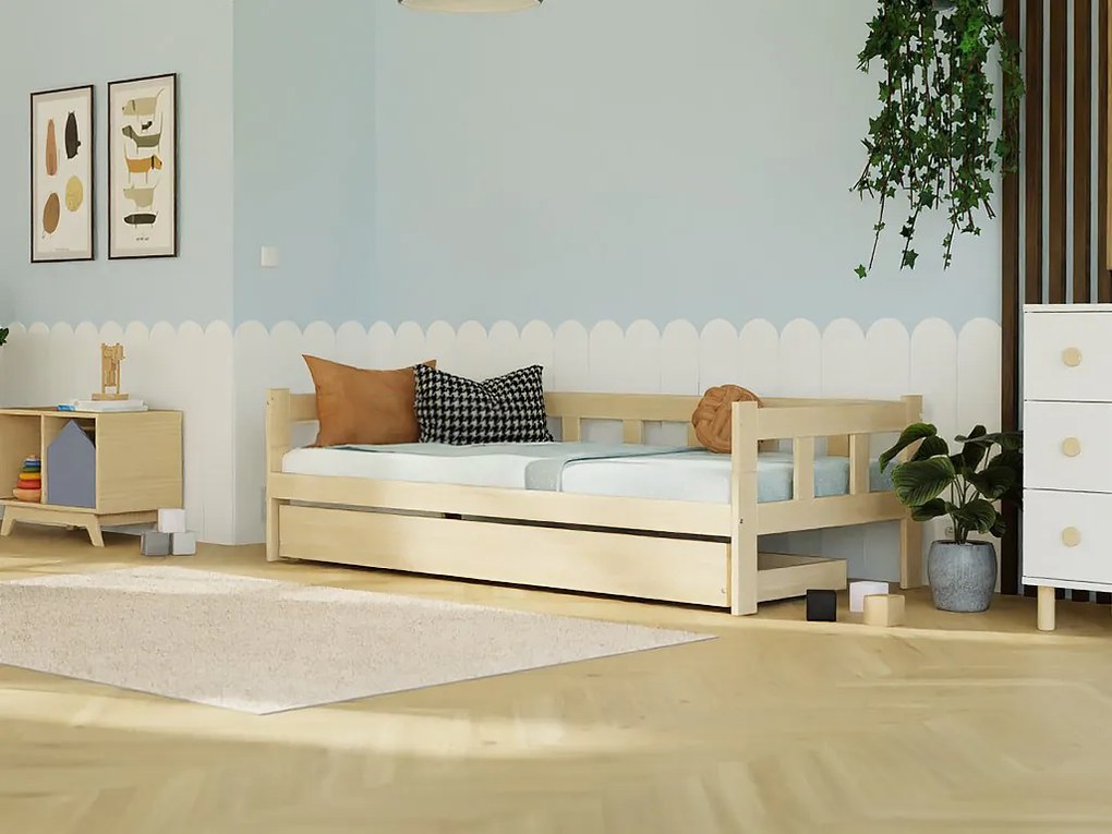 Benlemi Dřevěná jednolůžková postel FENCE 4v1 se zábranou a úložným šuplíkem Zvolte barvu: Nelakovaná, Zvolte rozměr: 90x190 cm, Zvolte zábranu: S otevřeným vstupem