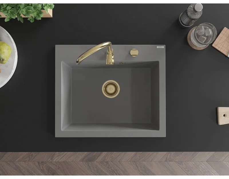 Mexen Elix, 1-komorový granitový dřez 600 x 500 mm, šedý, zlatý sifon - 6525601005-71-G