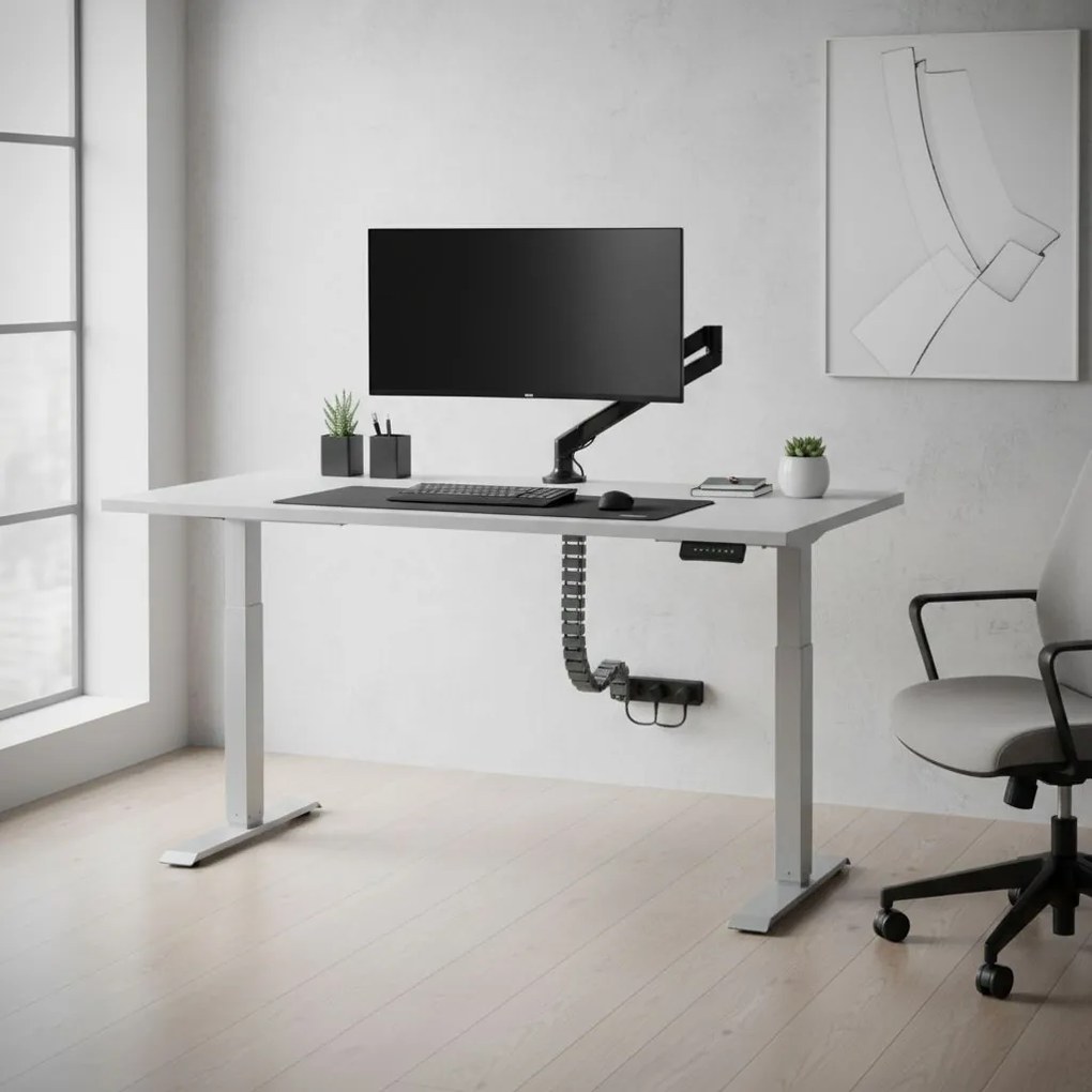 Výškově nastavitelný stůl OfficeTech B, 160 x 80 cm, šedá podnož, světle šedá