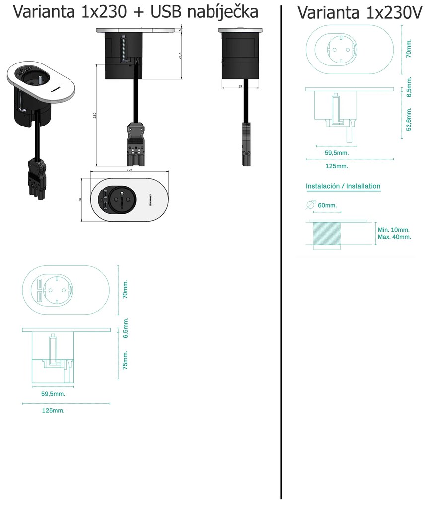 IBConnect Elektro zásuvka Orbit matná černá - různé konfigurace Konfigurace elektrozásuvky: 1x230V + 2xUSB nab. C