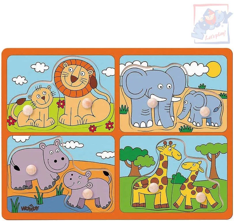 WOODY DŘEVO Baby puzzle s úchyty mláďata 4x2 dílky na desce pro miminko 91914x