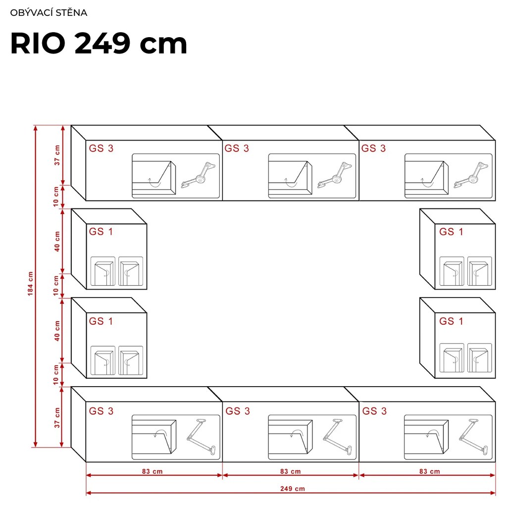 Ral Obývací stěna RIO 1, 249 cm - Bílý lesk