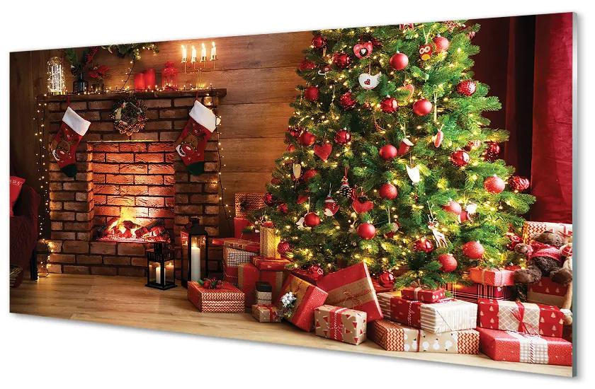 akrylový obraz Krbová dárky vánoční stromky 140x70cm