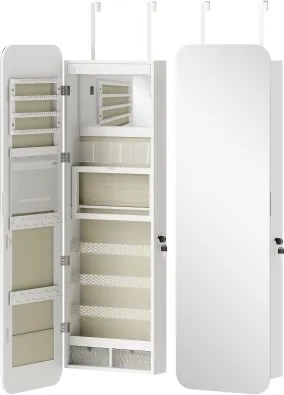 HOMCOM šperkový zrcadlo s LED světlem, montovatelné na stěnu nebo dveře, se zámkem, celotělové zrcadlo, 2 zásuvky, bílé