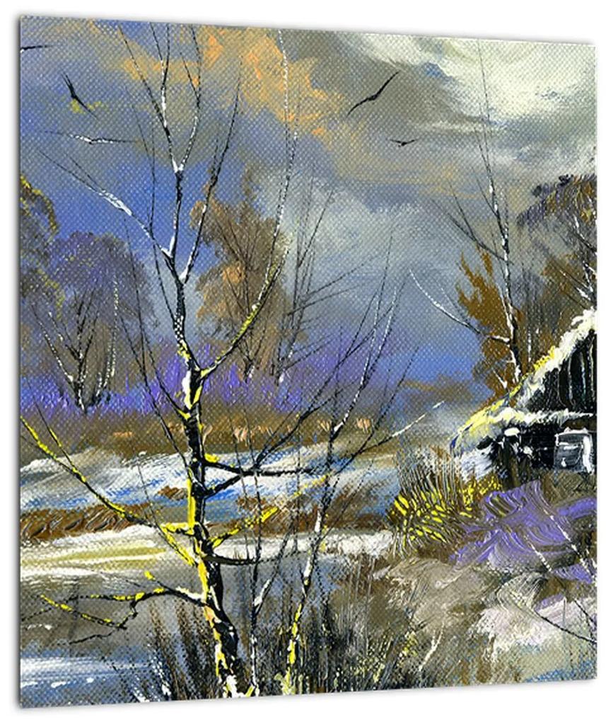 Obraz chaloupky v zimní krajině, olejomalba (30x30 cm)