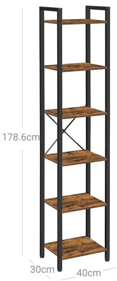 Knihovna industriální 6 polic, kov/dřevo, rustikální hnědá