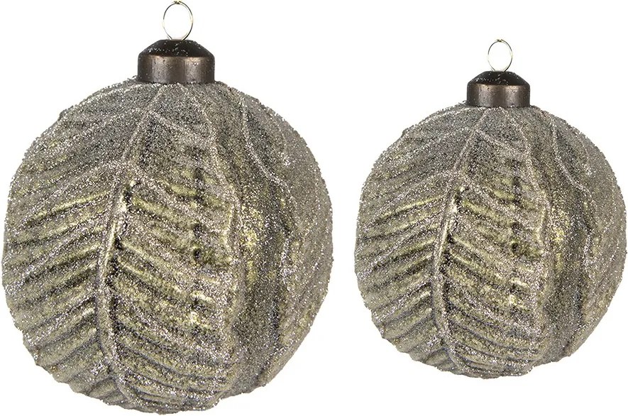 Set 2 ks zelených skleněných vánočních koulí s motivem listů – Ø 10 cm a Ø 8 cm