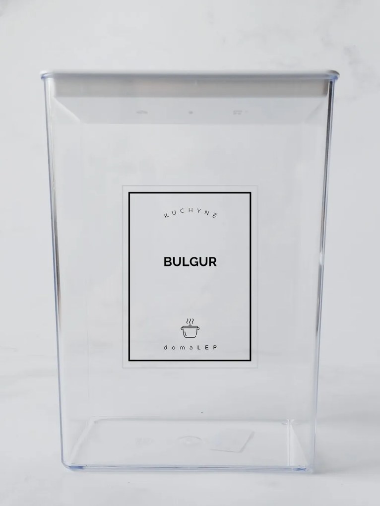 BULGUR – průhledná samolepka na dózu, tučné písmo, 6 × 8 cm | DomaLEP