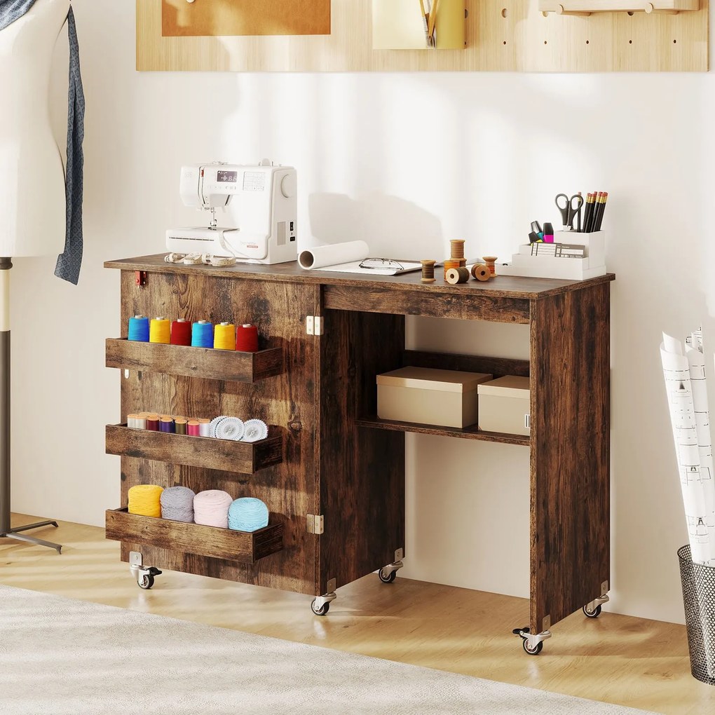 Costway Pojízdný skládací šicí stolek s úložnými boxy, hnědý