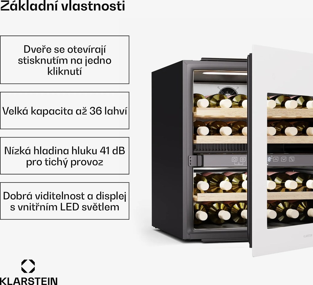 Klarstein Rhone 36 Duo vinotéka, 36 lahví, LED ovládání, push-to-open, tichý chod
