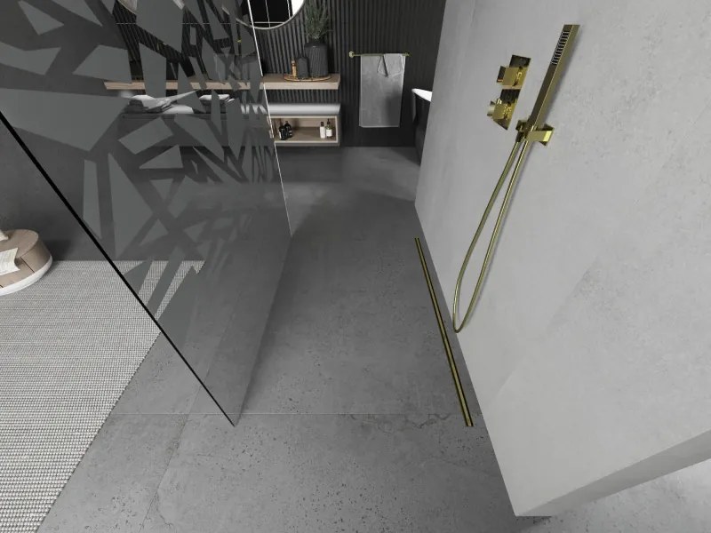 Mexen Kioto, průchozí sprchová zástěna 100 x 200 cm, 8mm sklo čiré/bílý vzor, 2x zlatá stabilizační rozpěra, 800-100-002-50-85
