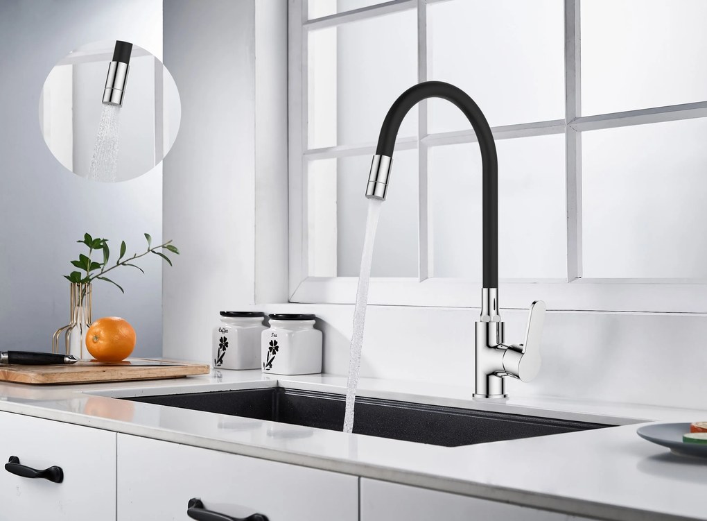Invena Ksanti, dřezová baterie s flexibilním ramenem a 2-funkčním provzdušňovačem, chromová-černá matná, INV-BZ-37-008-L