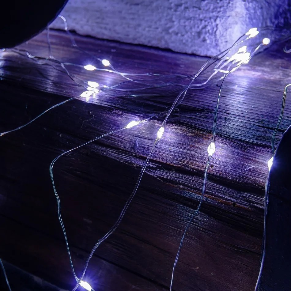 LED světelný řetěz, kapičky, 12 pramenů × 1,5 m , venkovní, ledově bílá, 180 diod, stříbrný kabel, IP44, vč. zdroje