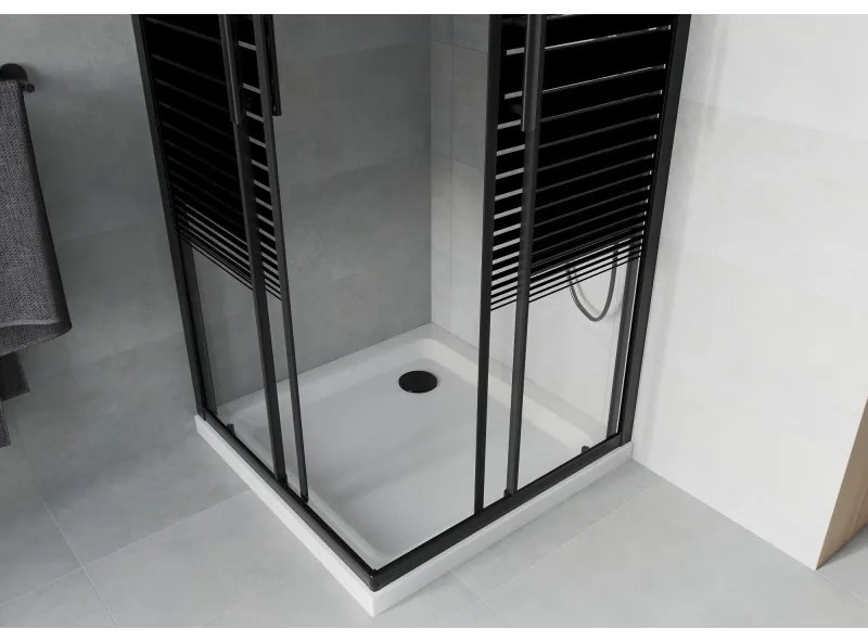 Mexen Rio čtvercový sprchový kout 90 x 90 cm, Pruhy, Černá + sprchová vanička Flat, Bílá - 860-090-090-70-20-4010B