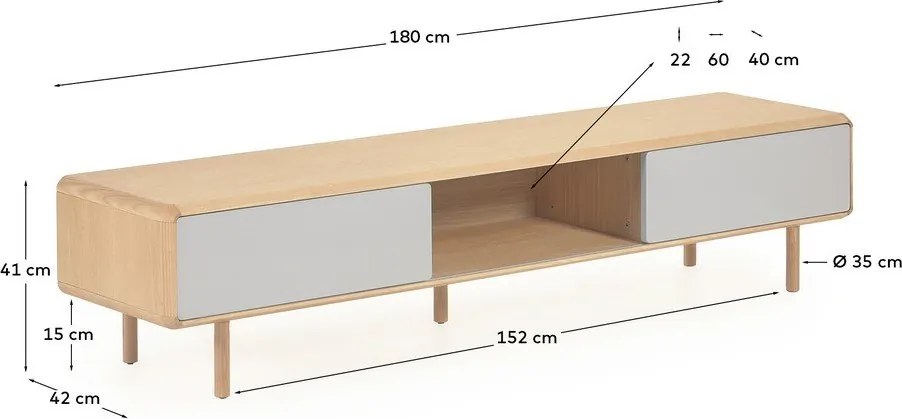 Šedý/v přírodní barvě TV stolek v dekoru jasanu 180x41x42 cm Anielle – Kave Home