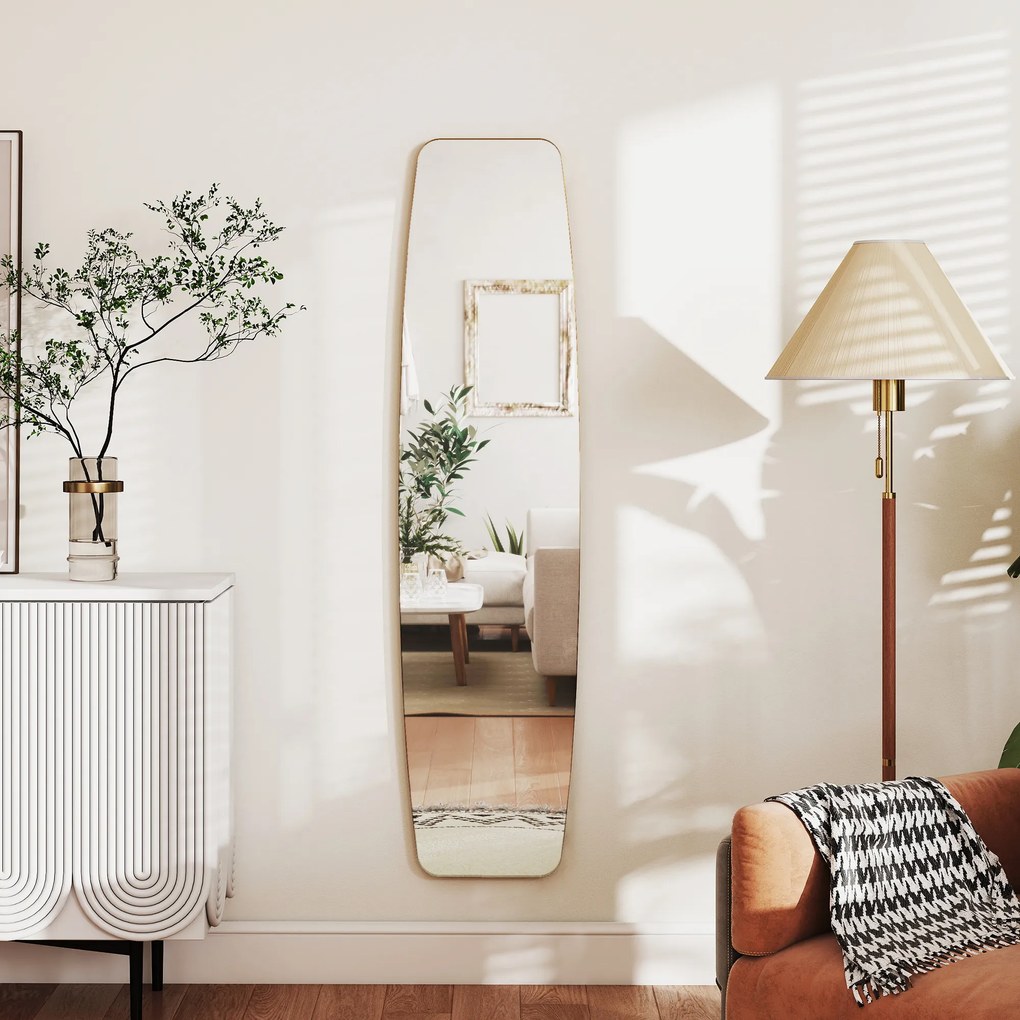 HOMCOM nástěnné celozrcadlo 160 × 40 cm s kovovým rámem — dekorativní celozrcadlo do předsíně, ložnice a obývacího pokoje, zlaté