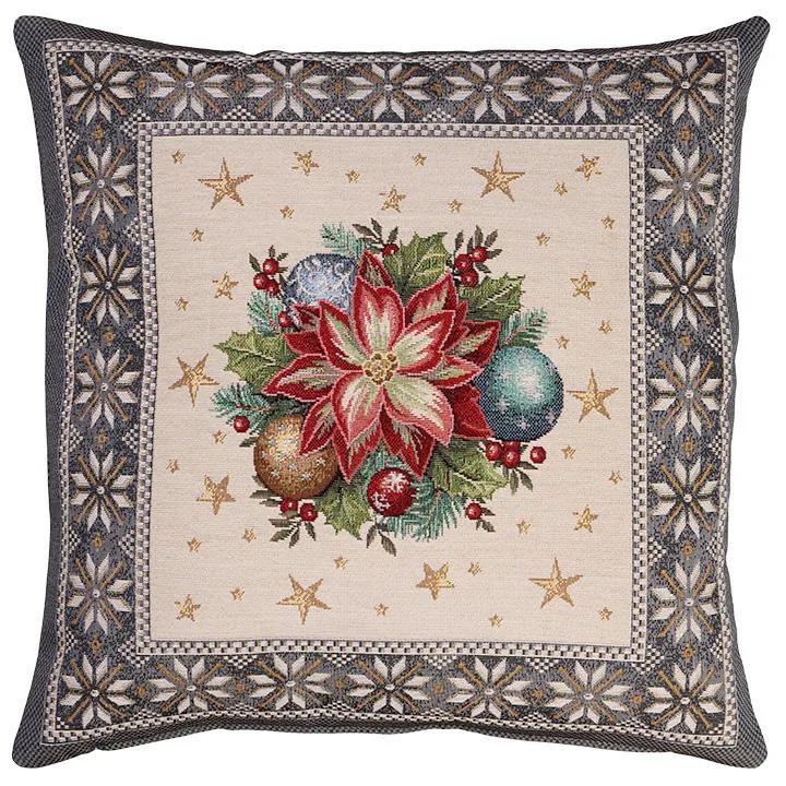 Gobelínový povlak na polštář - Vánoční hvězda s baňkami šedý