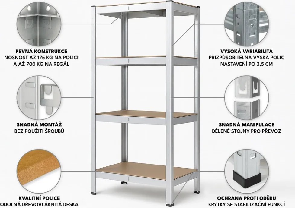 Akce 3x Regál 180x90x30 cm zinkovaný 4-policový, nosnost 700 kg